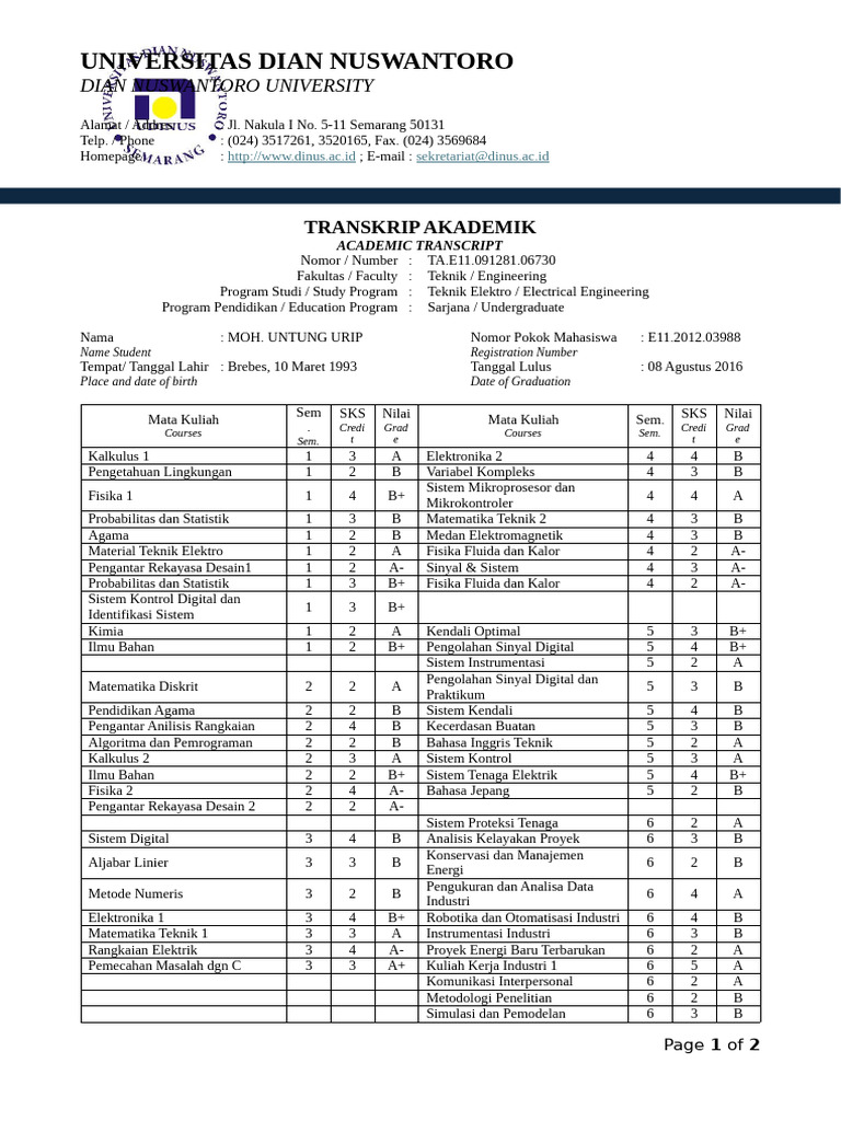 Transkrip Akademik Te Udinus | PDF