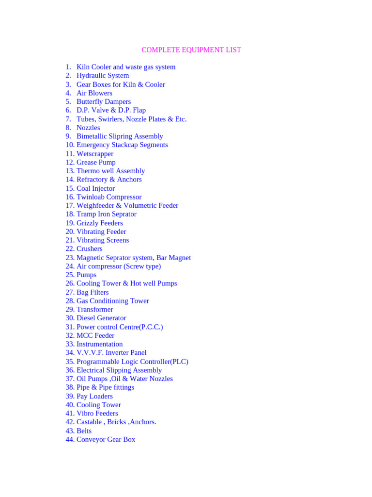 Complete Equipment List | PDF