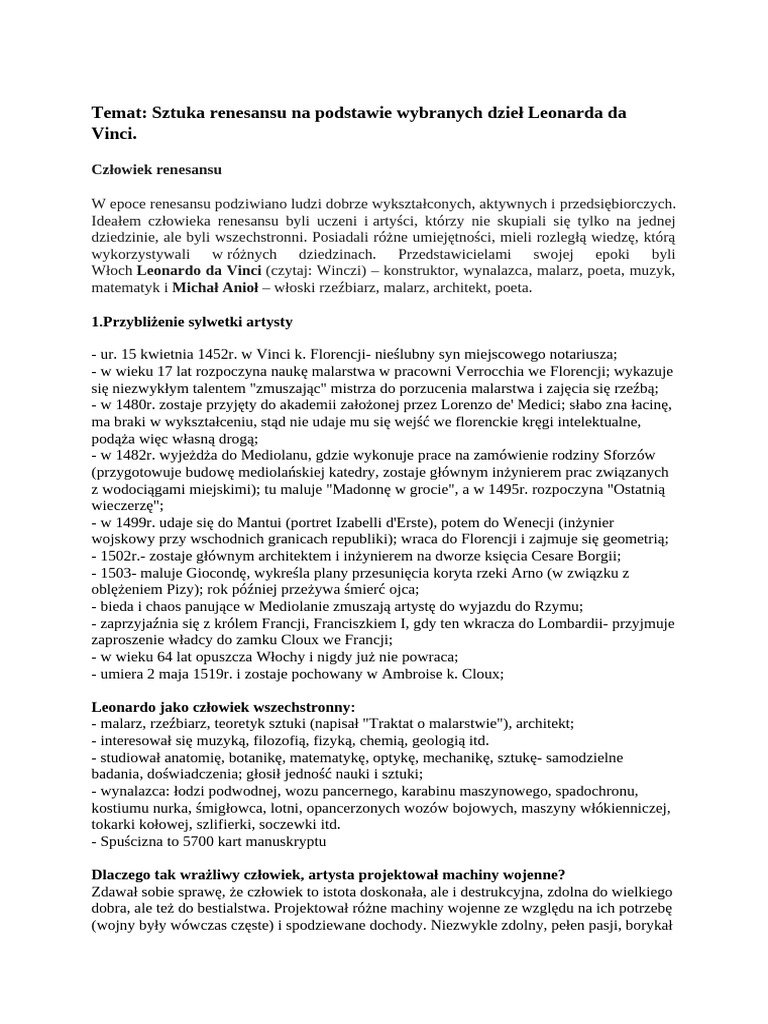 Sztuka Renesansu Na Podstawie Wybranych Dzieł Leonarda Da Vinci 2 | PDF