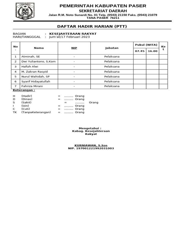 Daftar Hadir Kesejahteraan Rakyat | PDF