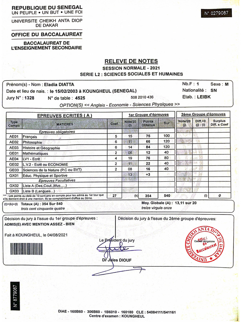 Relevé de Notes BAC | PDF