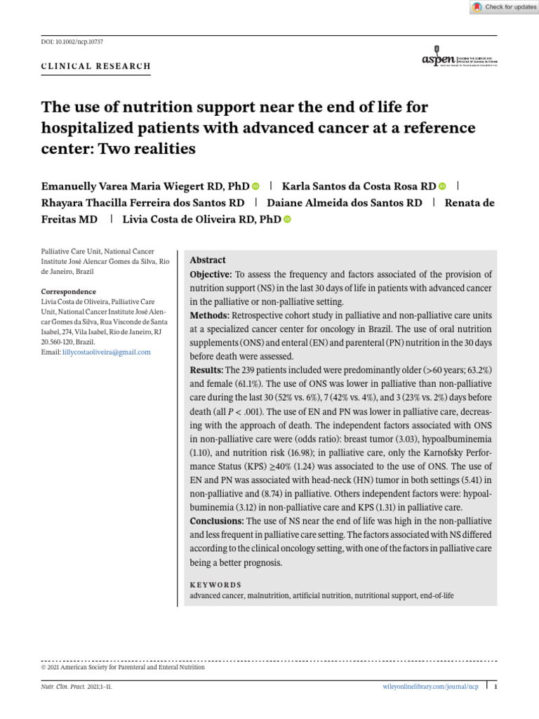 The Use of Nutrition Support Near The End of Life For Hospitalized ...