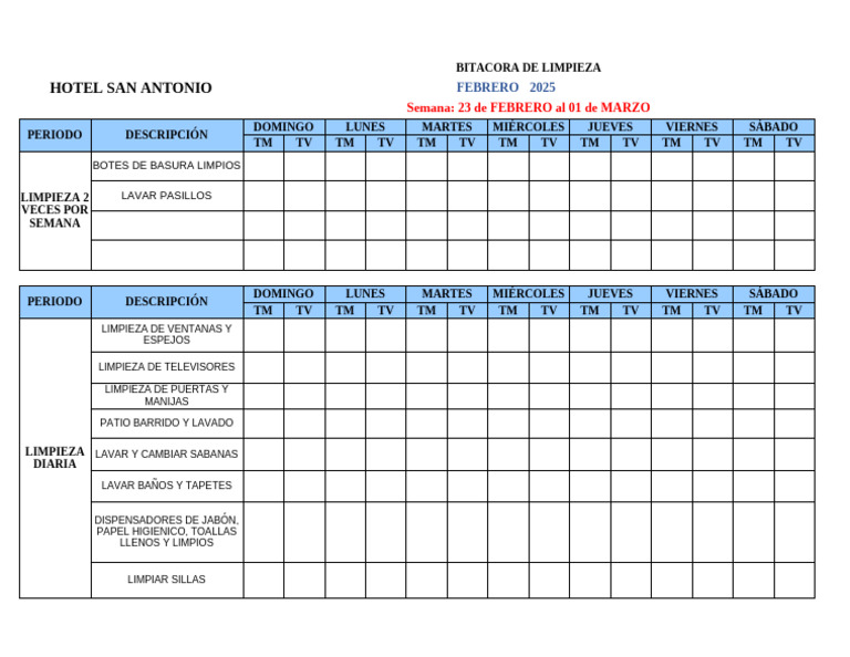 Bitacora de Limpieza | PDF