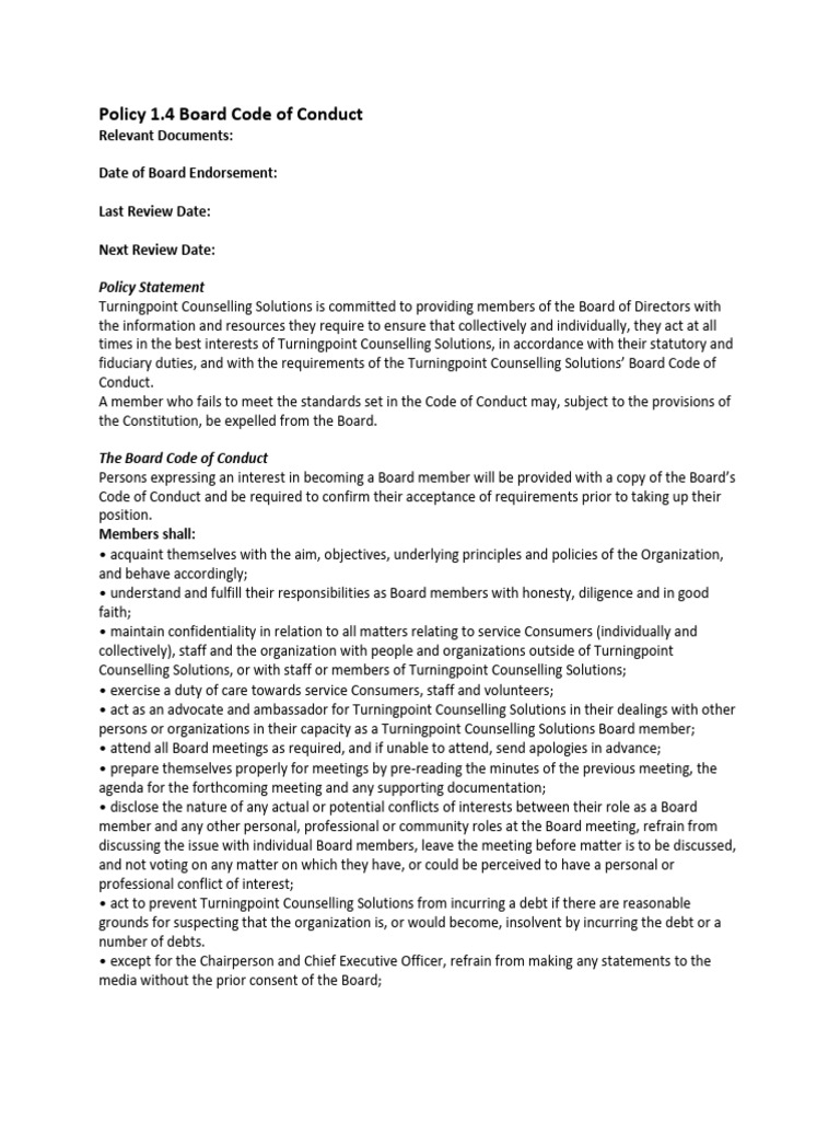 Board Members Code of Conduct Policy | PDF | Conflict Of Interest ...
