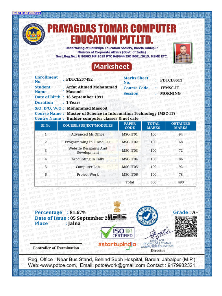 Arfat MSC-IT Mark Sheet | PDF