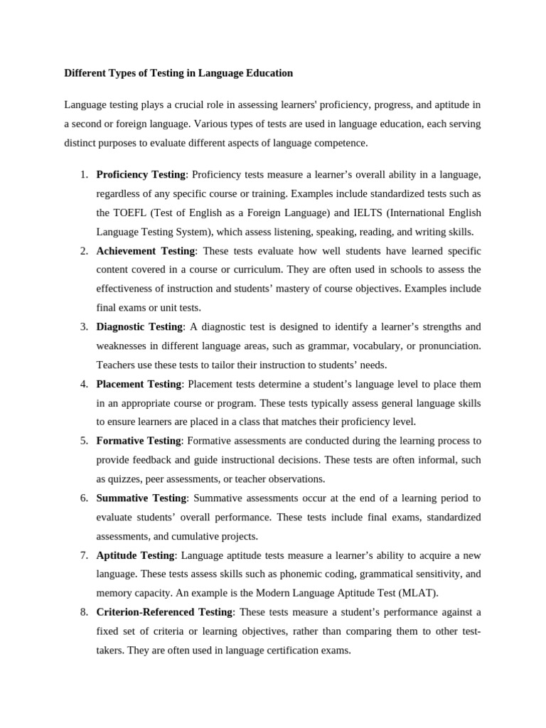 Different Types of Testing in Language Education | PDF | Educational ...