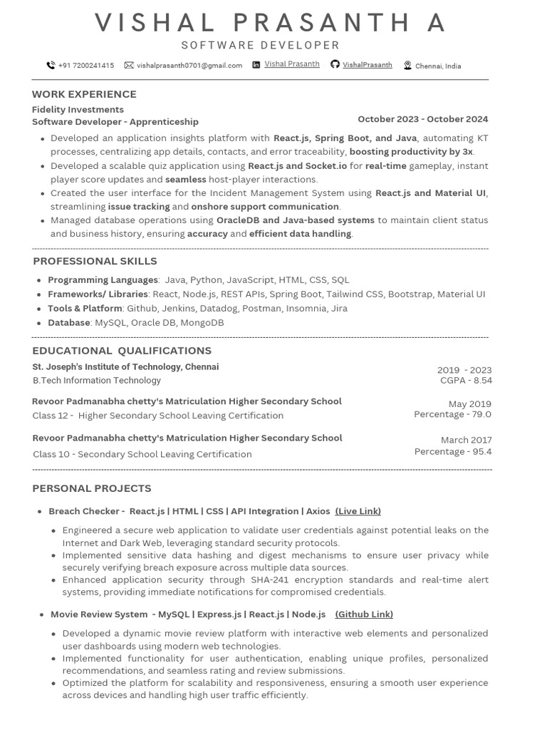 Vishal Prasanth A Resume | PDF | World Wide Web | Internet & Web
