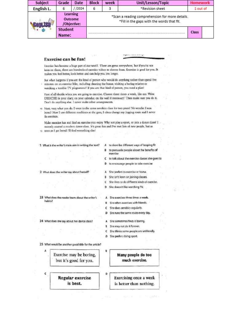 Emailing Revision Sheet-5 | PDF | Reading Comprehension | Homework