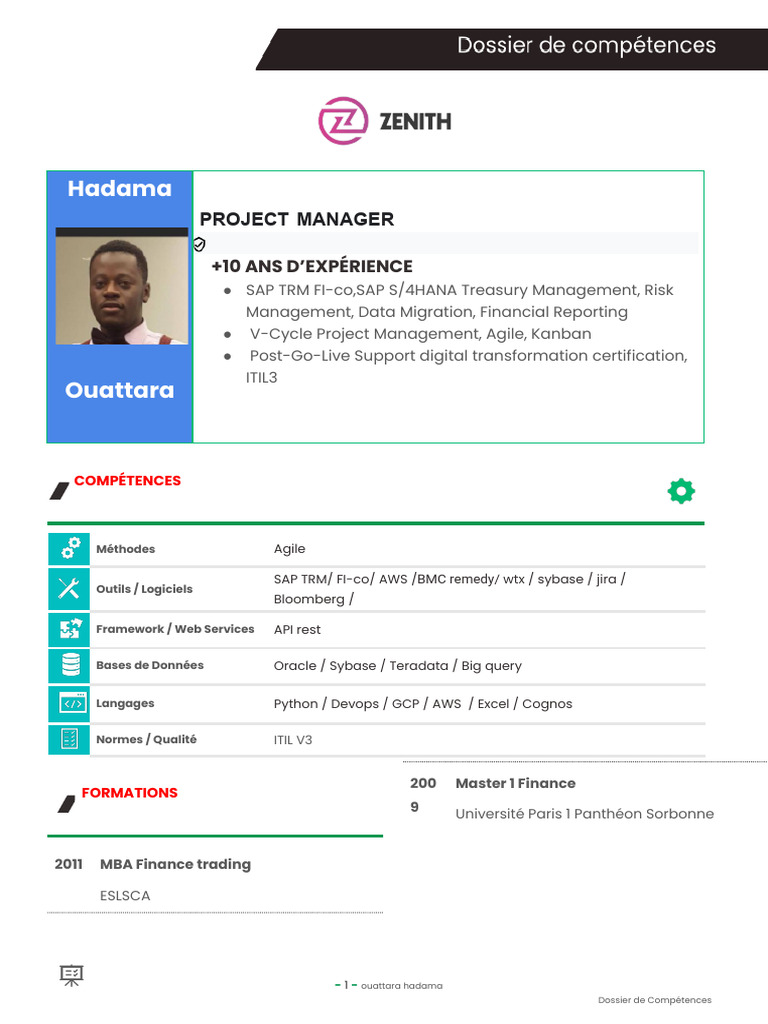 Cv Zenith Profil Hadama Ouattra Poste Consultant Sap Fico Amoa | PDF | Databases | Cloud Computing