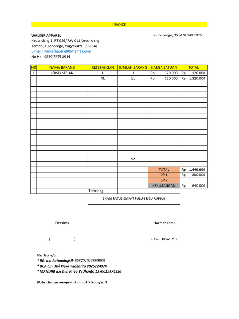 Invoice Pembelian Jersey Walker Apparel | PDF