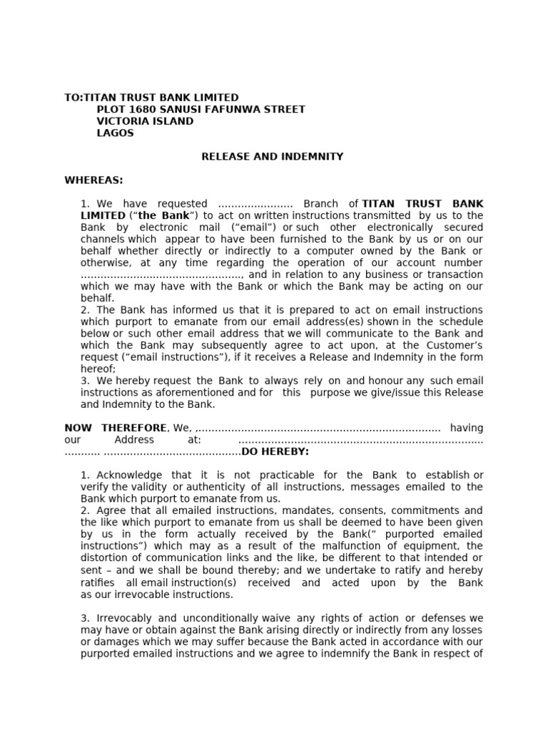 Email Instructions Indemnity Agreement | PDF | Indemnity | Civil Law (Legal System)