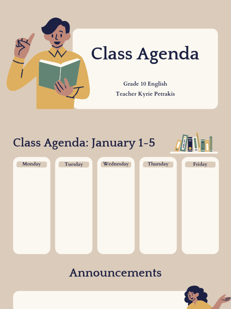 English Class Agenda Presentation in Beige and Green Illustrative Style ...