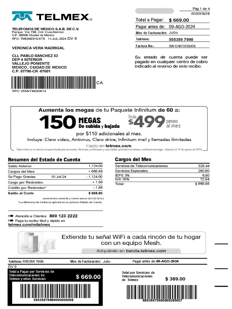 Boleta 2025111643 Curp Cuvv090213mdfrrra6 Recibo Telefono | PDF