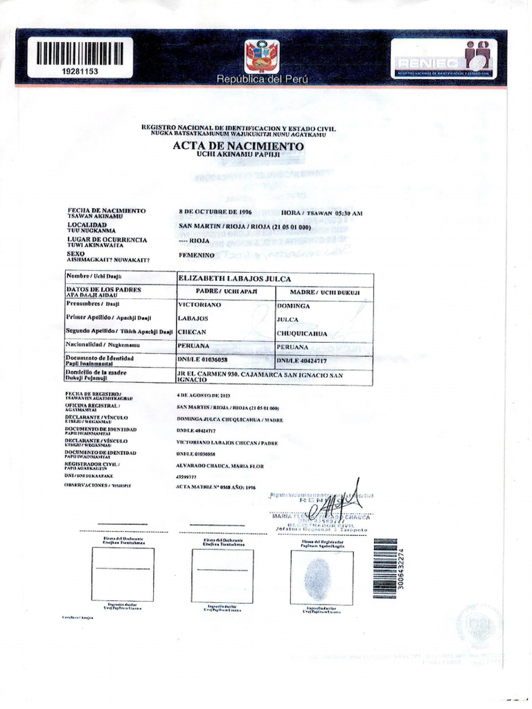 Acta de Nacimiento de Elizabeth Julca | PDF