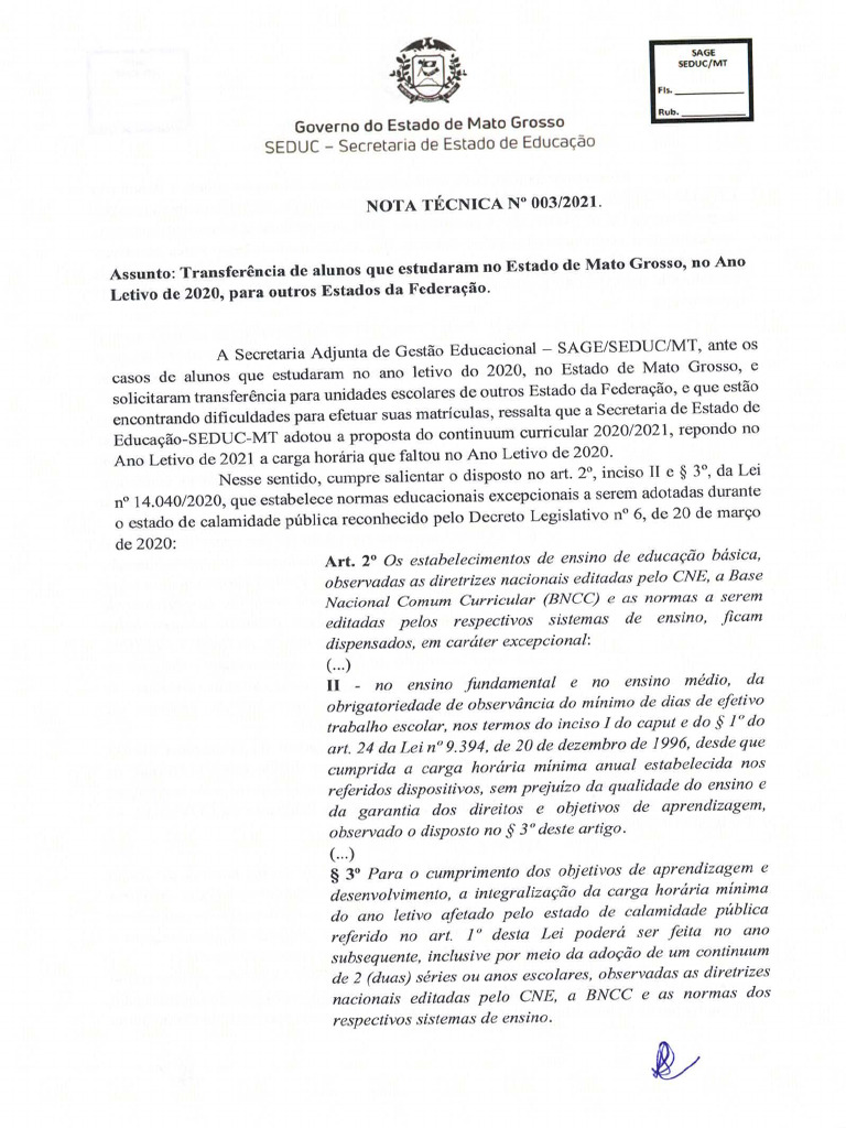 Nota Técnica N°003 Transferencia de Alunos 2021 | PDF
