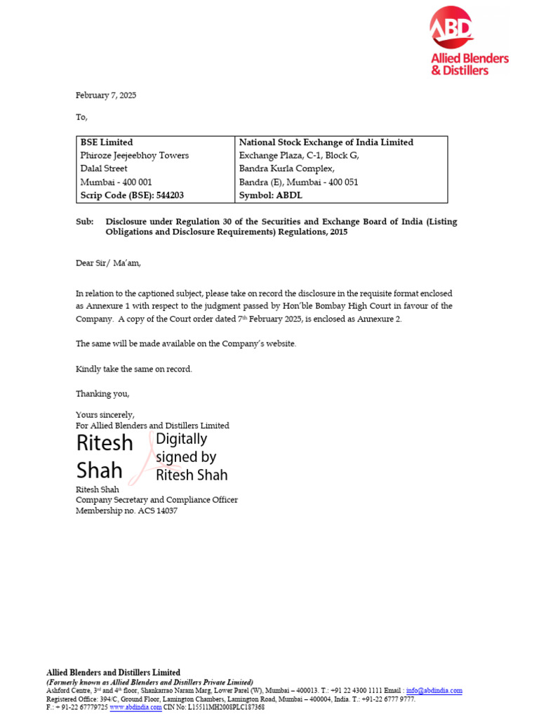 ABDINDIA_08022025000941_SE_intimation_TIL_Court_order | PDF | Judgment (Law) | Lawsuit