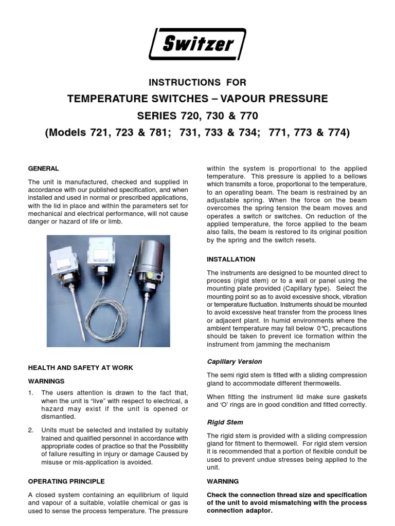 Instruction Manual Temperature Switches | PDF | Electrical Wiring | Switch