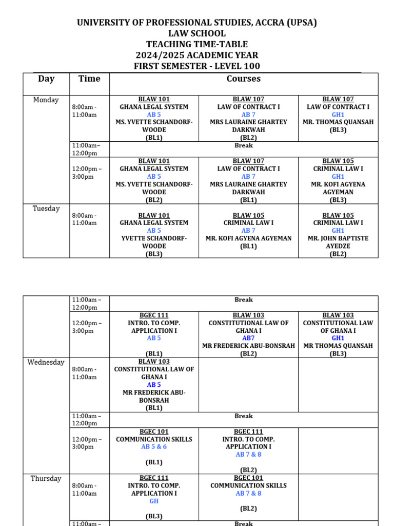 UPSA Law School 2024/2025 Timetable | PDF | Higher Education ...
