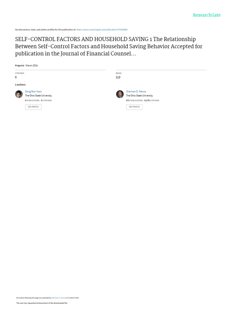 YoonHannaRelationshipBetweenSelf ControlFactorsandHouseholdSavingBehavior | PDF | Self Control ...