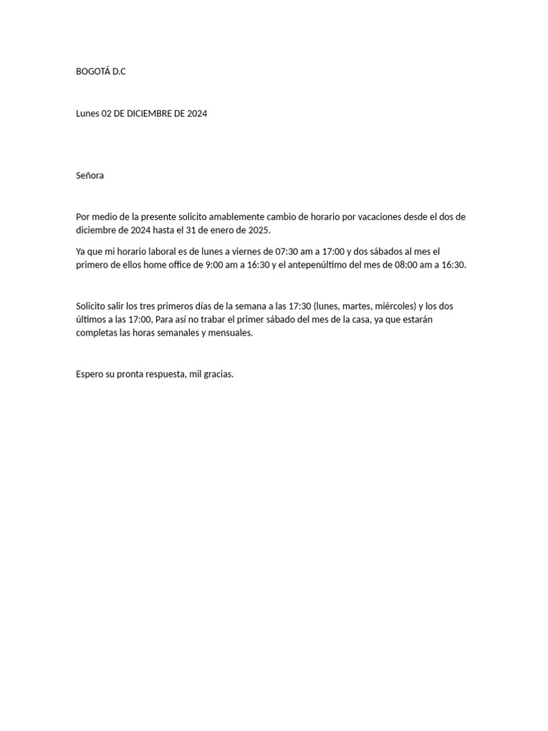 Solicitud de Cambio de Horario por Vacaciones | PDF