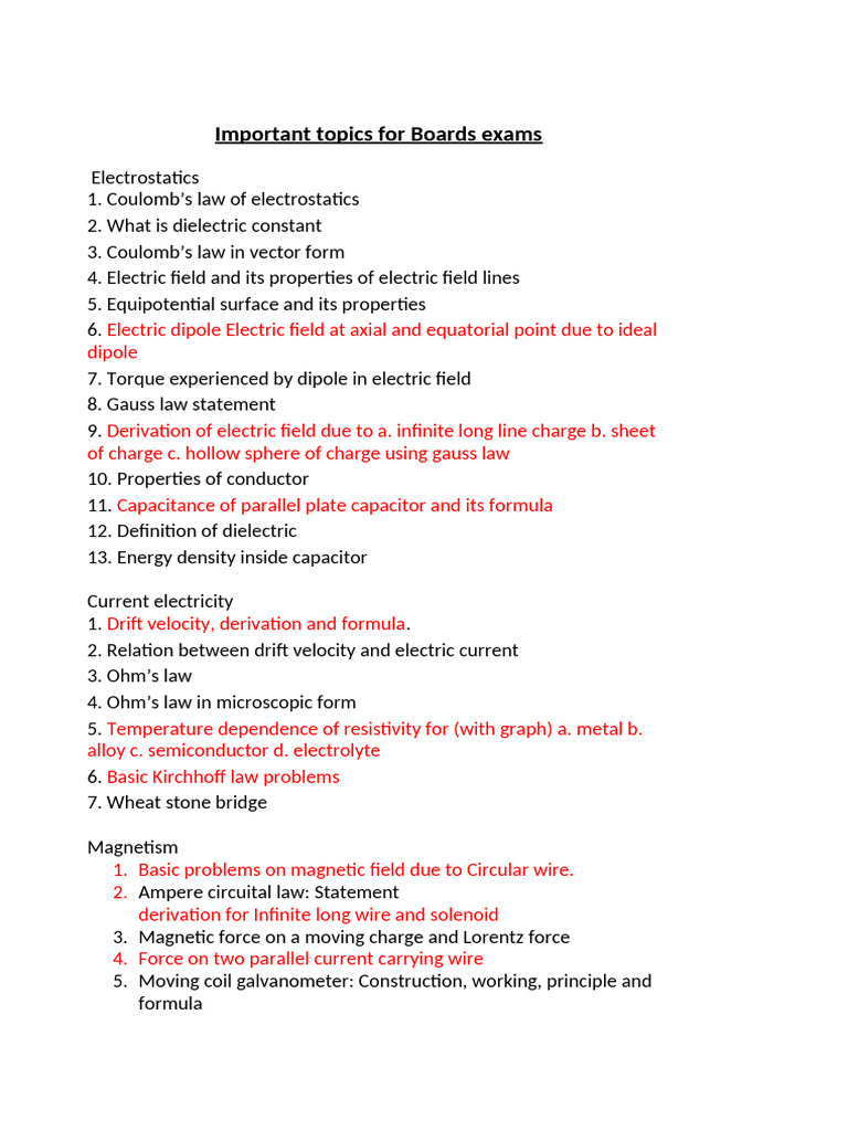 Key Topics for Board Exam Physics | PDF | Electric Field | Optics
