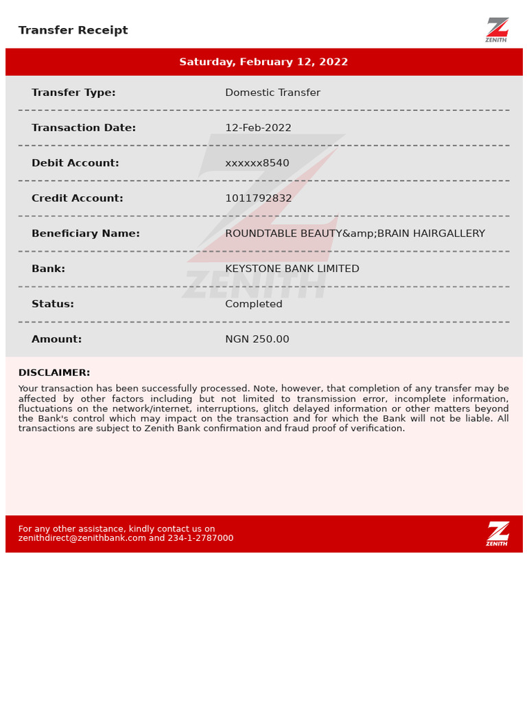 Domestic Transfer Receipt - Keystone Bank | PDF