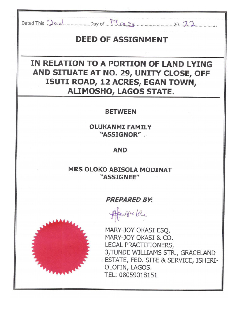 Oloko Deed of Assignment and Receipt | PDF