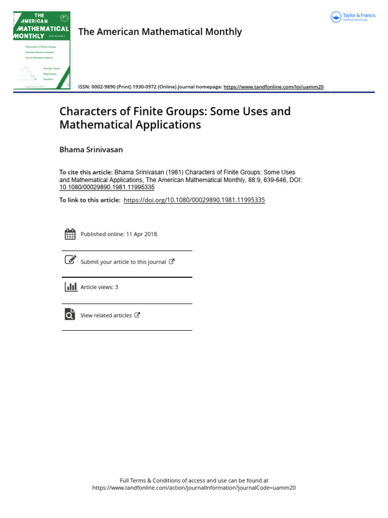 Characters of Finite Groups: Some Uses and Mathematical Applications ...