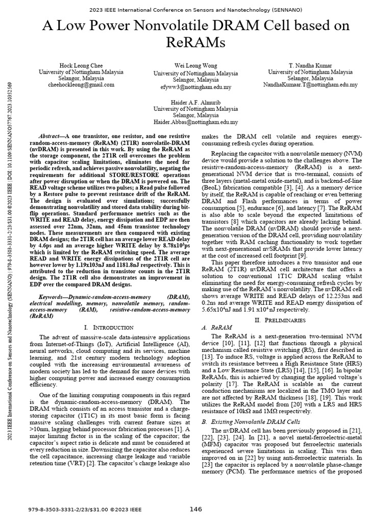 A Low Power Nonvolatile DRAM Cell Based On ReRAMs | PDF | Dynamic ...