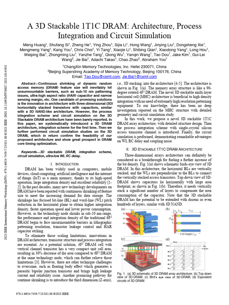A 3D Stackable 1T1C DRAM Architecture Process Integration and Circuit ...