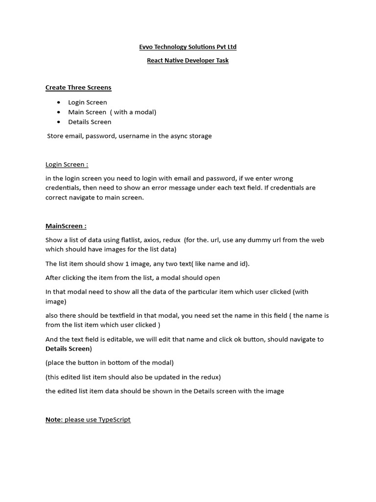 React Native Developer Task Overview Pdf