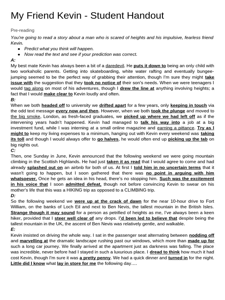 Kevin's Fearless Adventures: A Student Handout | PDF