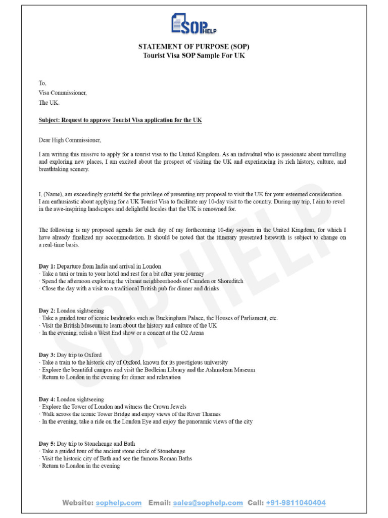 Tourist Visa Sop Sample For Uk PDF | PDF