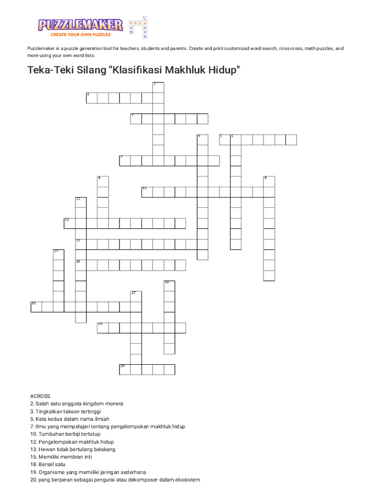Criss Cross Puzzle - Discovery Education Puzzlemaker | PDF