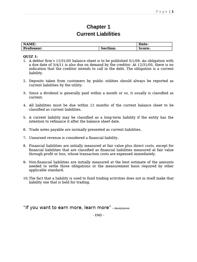 Quiz Chapter-1 Current-Liabilities | PDF | Balance Sheet | Fair Value