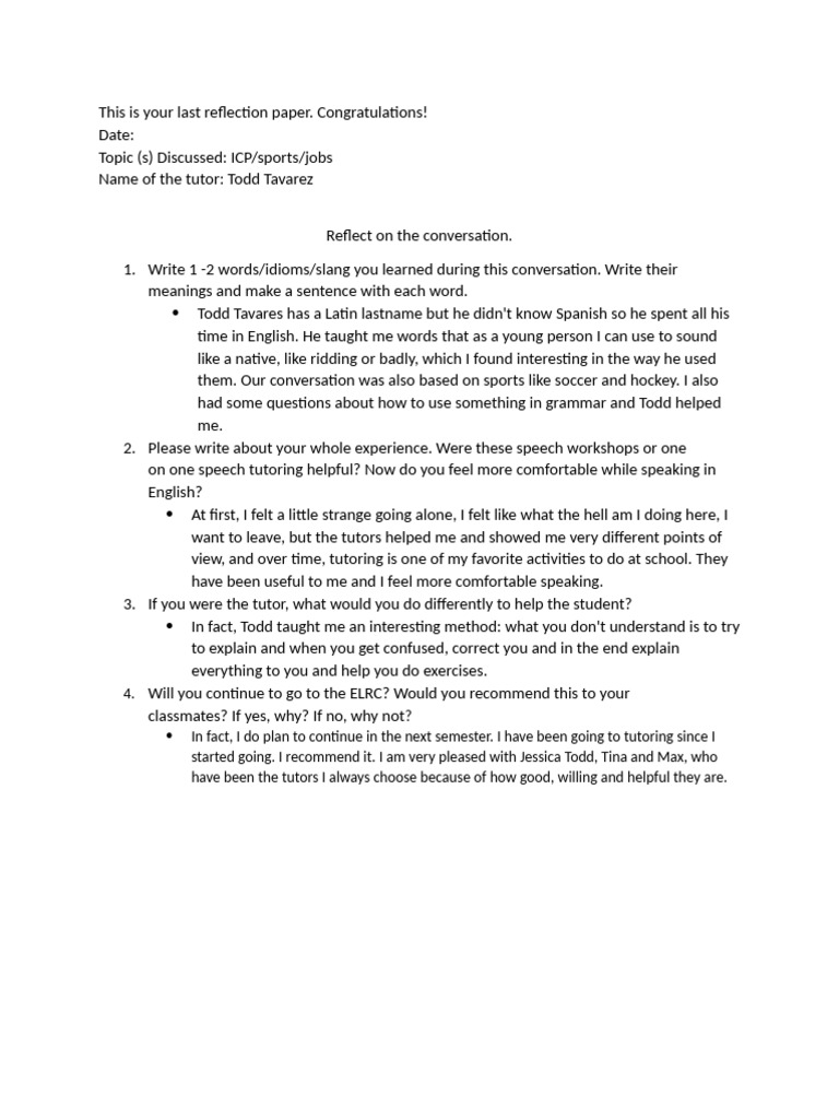 Last ELRC Visit Reflection Paper #4 | PDF