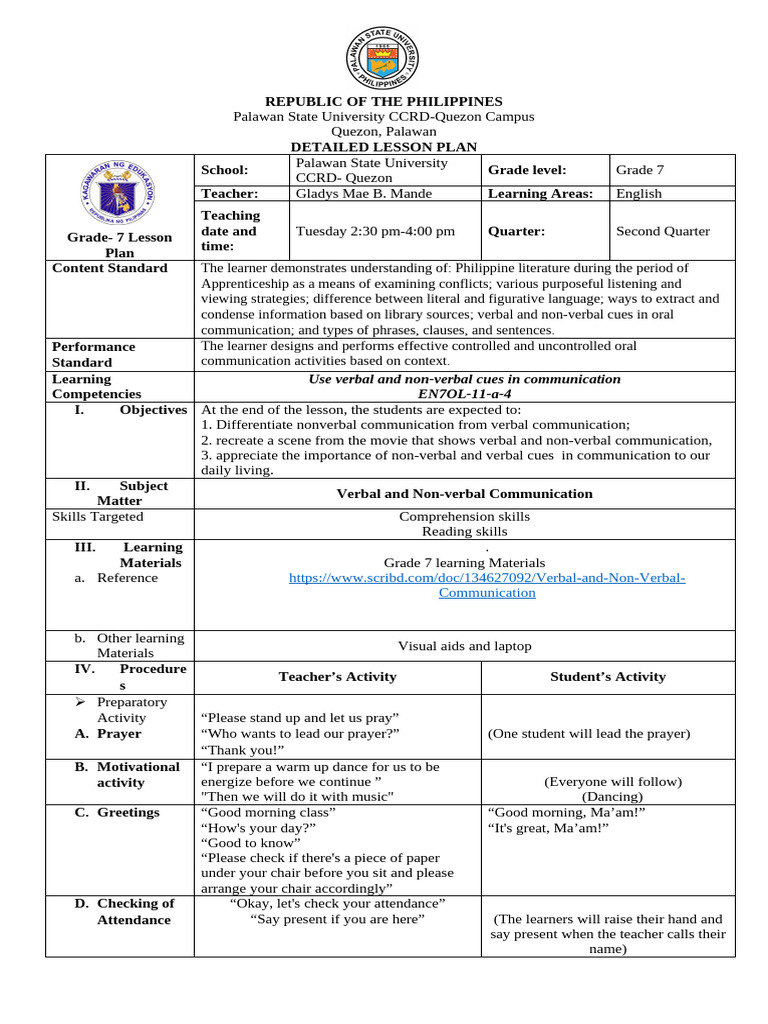 Grade 7 English Lesson Plan: Verbal and Non-Verbal Communication | PDF ...