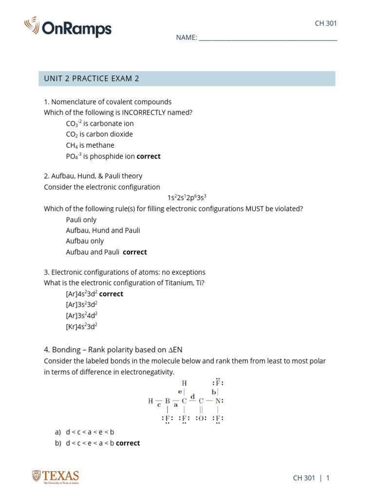 CH 301 Unit 2 Practice Exam Answers | PDF | Chemical Bond | Chemical ...