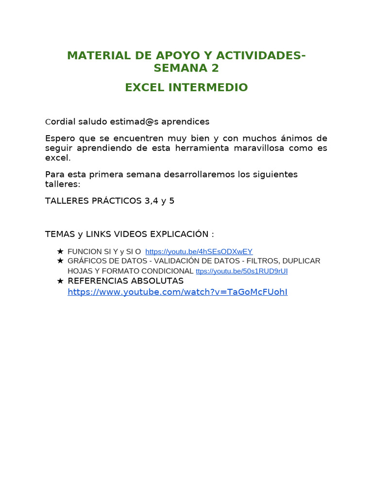 Material de Apoyo y Actividades - Semana 2 Excel Intermedio | PDF