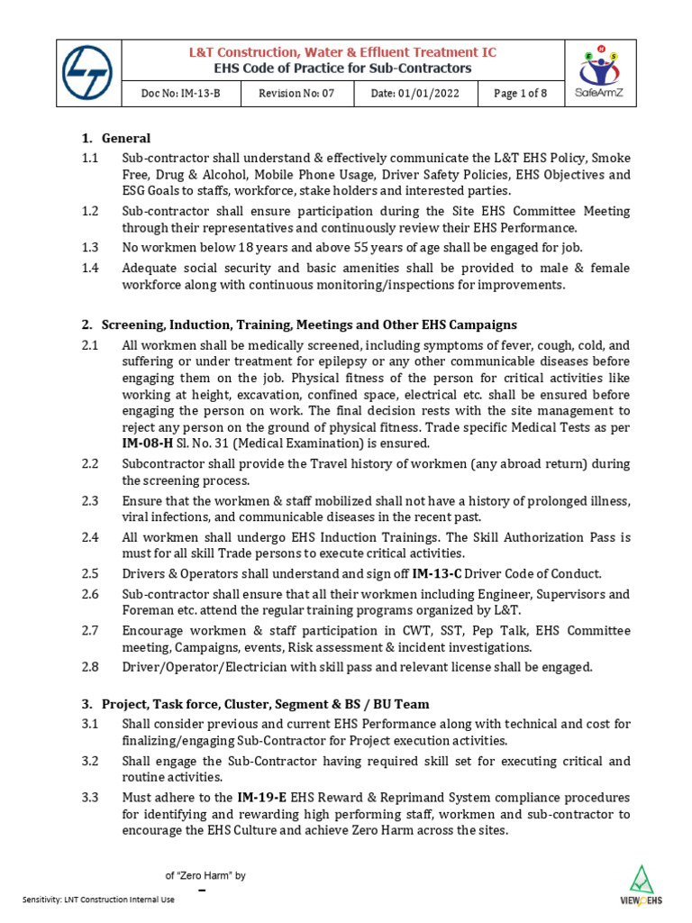 IM-13-B EHS Code of Practice For Sub-Contractors - Hindi (Revision 7) | PDF | Regulatory ...