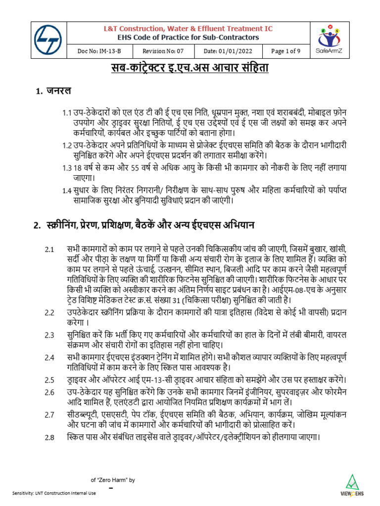 IM-13-B EHS Code of Practice For Sub-Contractors - Hindi (Revision 7) | PDF