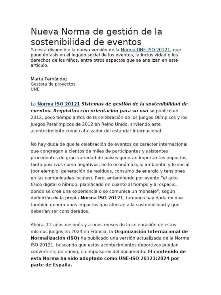 Norma UNE-ISO 20121:2024 para Eventos Sostenibles | PDF ...