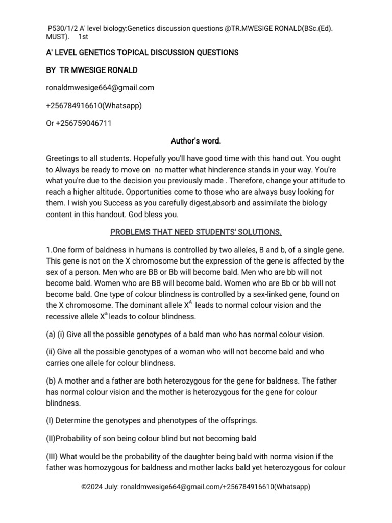 A' Level Genetics Discussion Questions | PDF | Dominance (Genetics) | Genotype