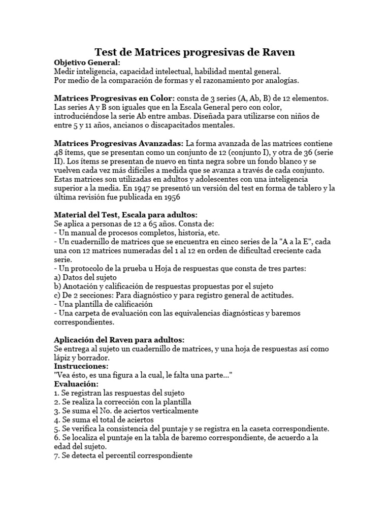 Test de Matrices Progresivas de Raven | PDF | Inteligencia