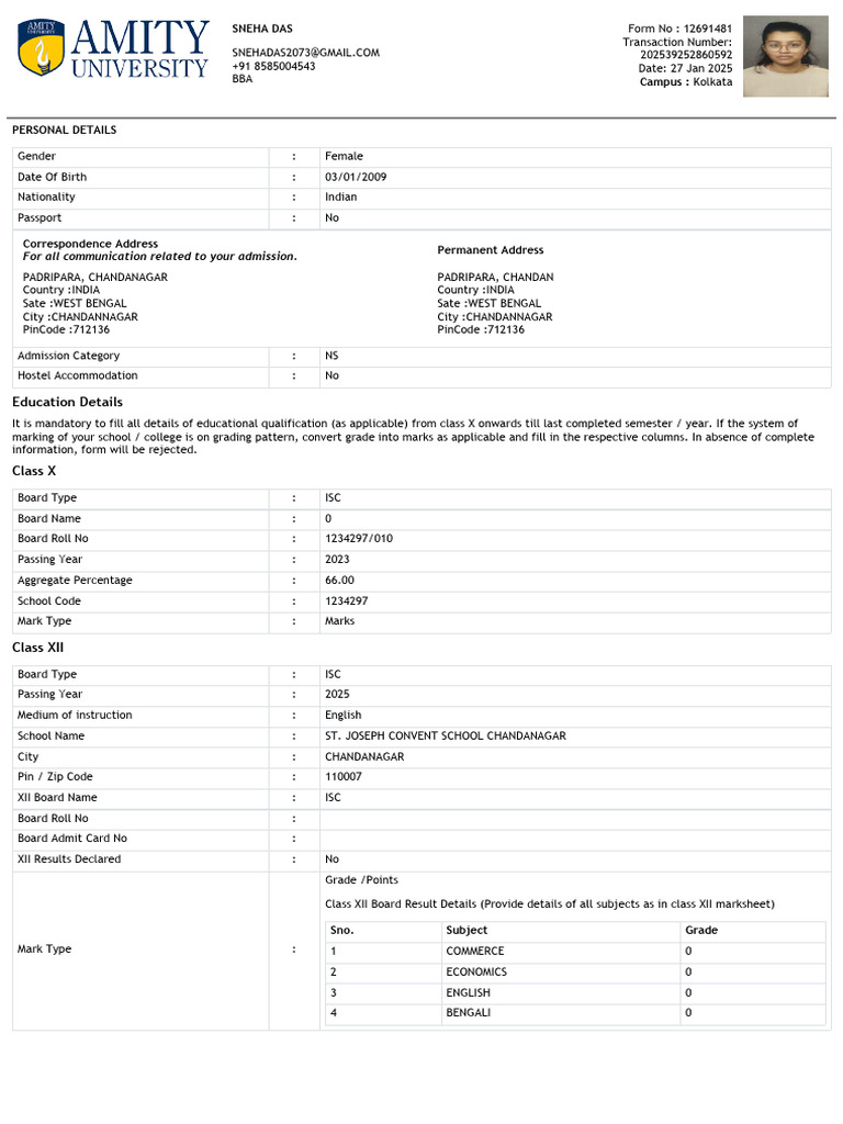 BBA Admission Form for Sneha Das | PDF