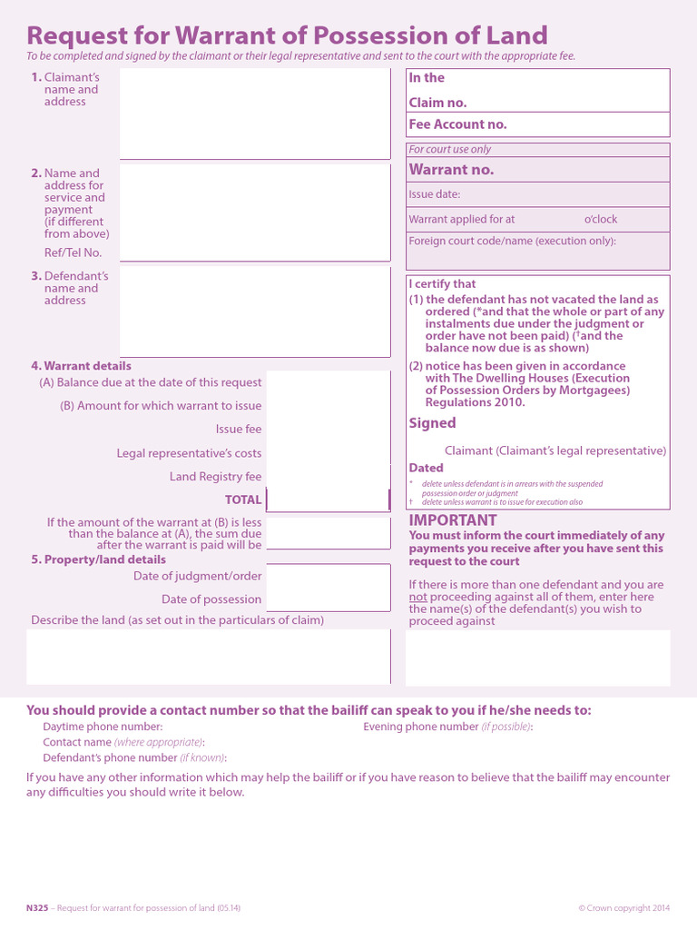 N325 - Request for warrant of possession of land | PDF | Public Law ...