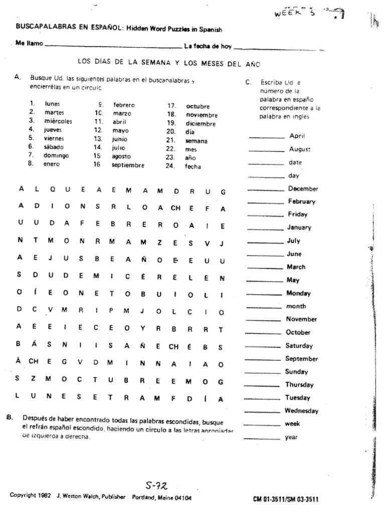 Calendario Hoja de Actividades A Buscapalabras B Juntar C Crucigrama | PDF