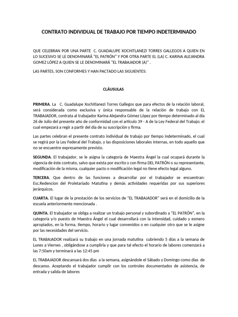 Formato de Contrato Individual de Trabajo | PDF