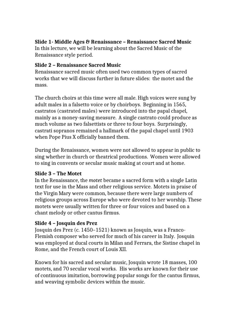 Renaissance Sacred Music Script | PDF