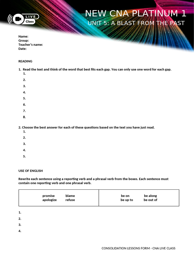 CNA Live Class - Master in English 1 - New CNA Platinum 1 - Activity Book - Unit 5 | PDF